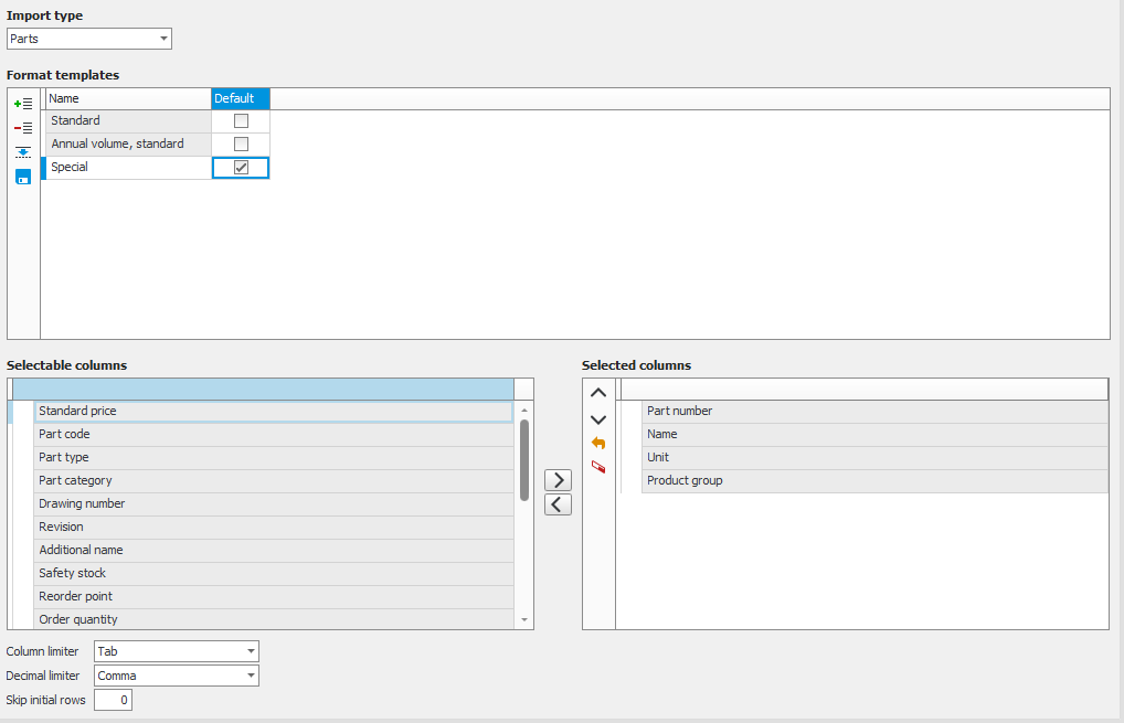 Format templates (in import procedures)